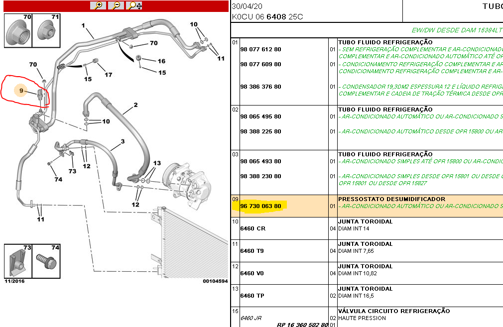 9673006380 82CP32-06 Sensor Pressostato do Ar Condicionado Original ...