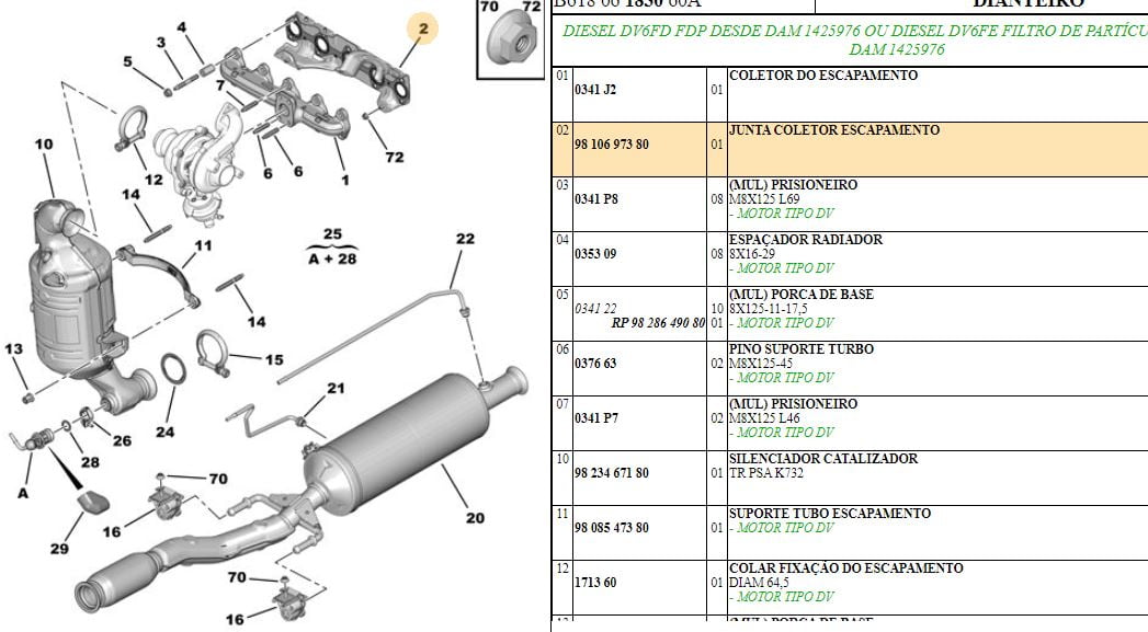 9810697380 - Junta Coletor Escape Peugeot Expert Citroen Jumpy Original